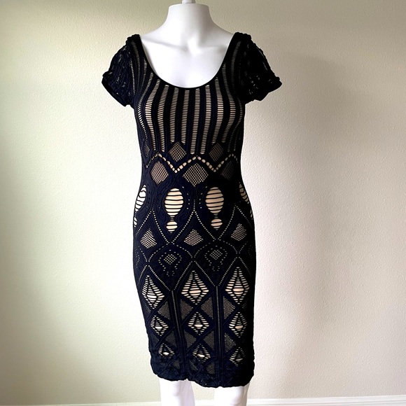 bebe | Dresses | Bebe Black Tan Mesh Crochet Patterned Dress | Poshmark